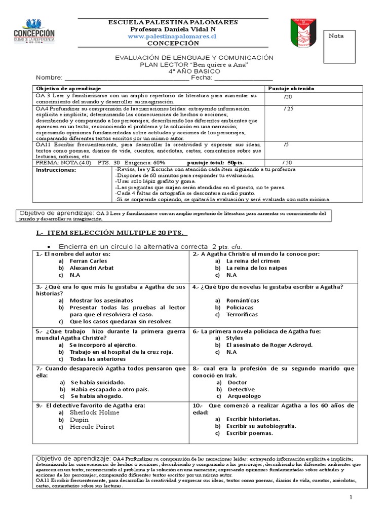 Evaluacion Plan Lector Me Llamo Agatha Christie | Descargar gratis PDF | Poirot Hercule
