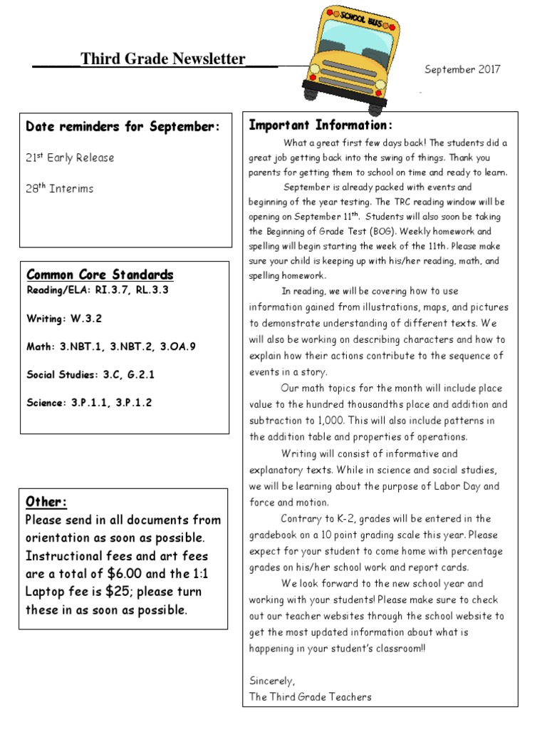 Third Grade Newsletter Sept 17 | PDF | Educational Psychology | Teaching
