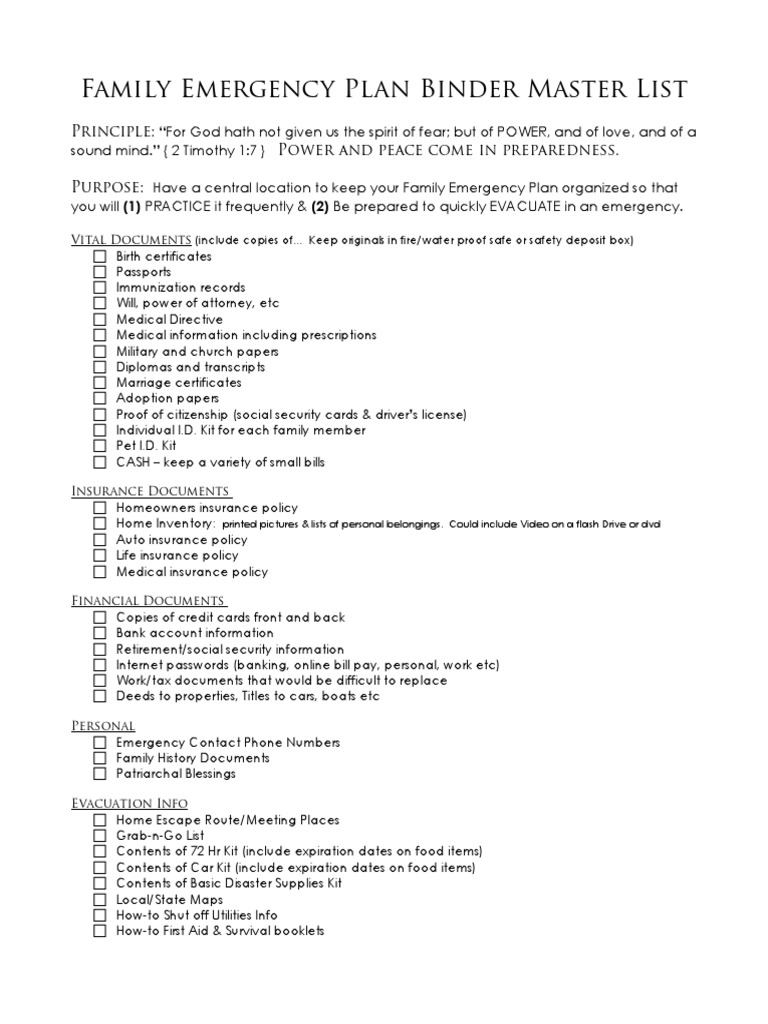 Family Emergency Plan Binder Master List | PDF | Emergency Evacuation ...