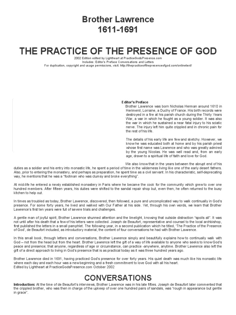 Brother Lawrence Practicing The Presence of God 1611-1691 | PDF | Love ...