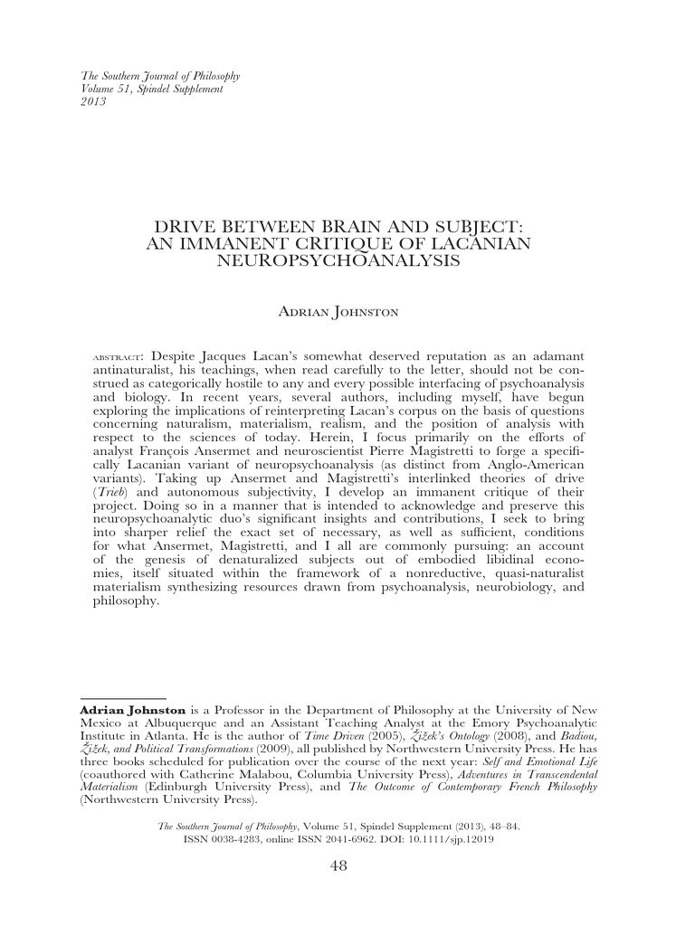 Drive Between Brain and Subject: An Immanent Critique of Lacanian ...