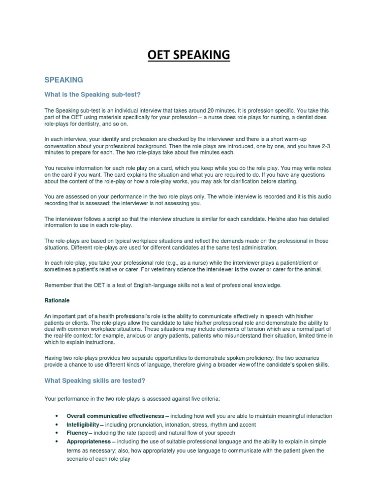 OET Speaking Test Role Play Guide | PDF | English Language | Dentistry