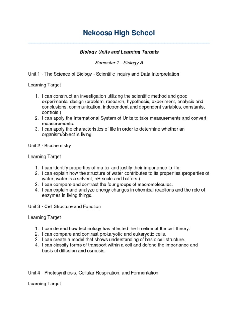 Nekoosa High School Bio Learning Targets | PDF | Cell (Biology) | Organisms