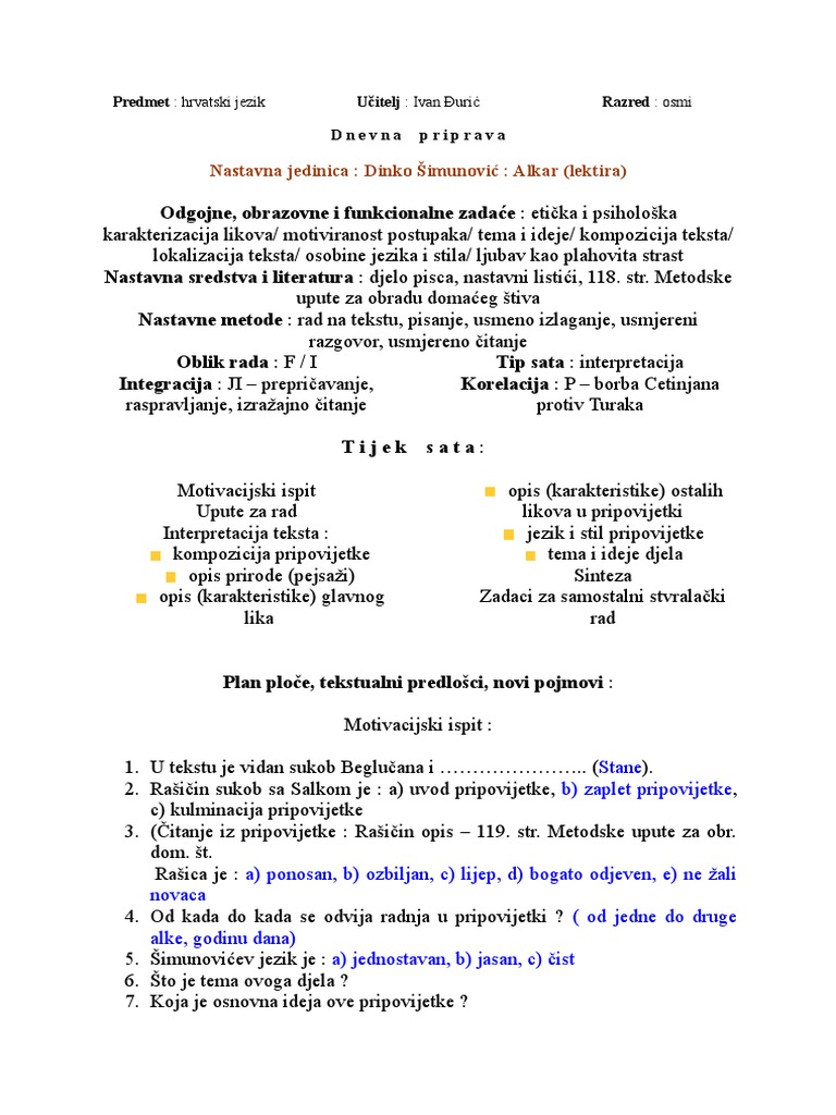 Dinko Šimunović Alkar lektira 8 r.doc | PDF