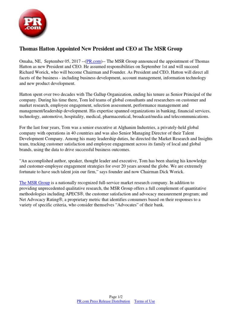 Thomas Hatton Appointed New President and CEO at The MSR Group | PDF ...
