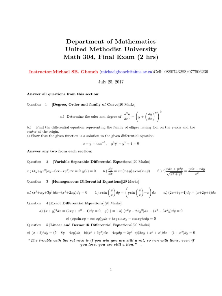 Math 304 Department Midterm | Differential Equations | Equations | Free ...