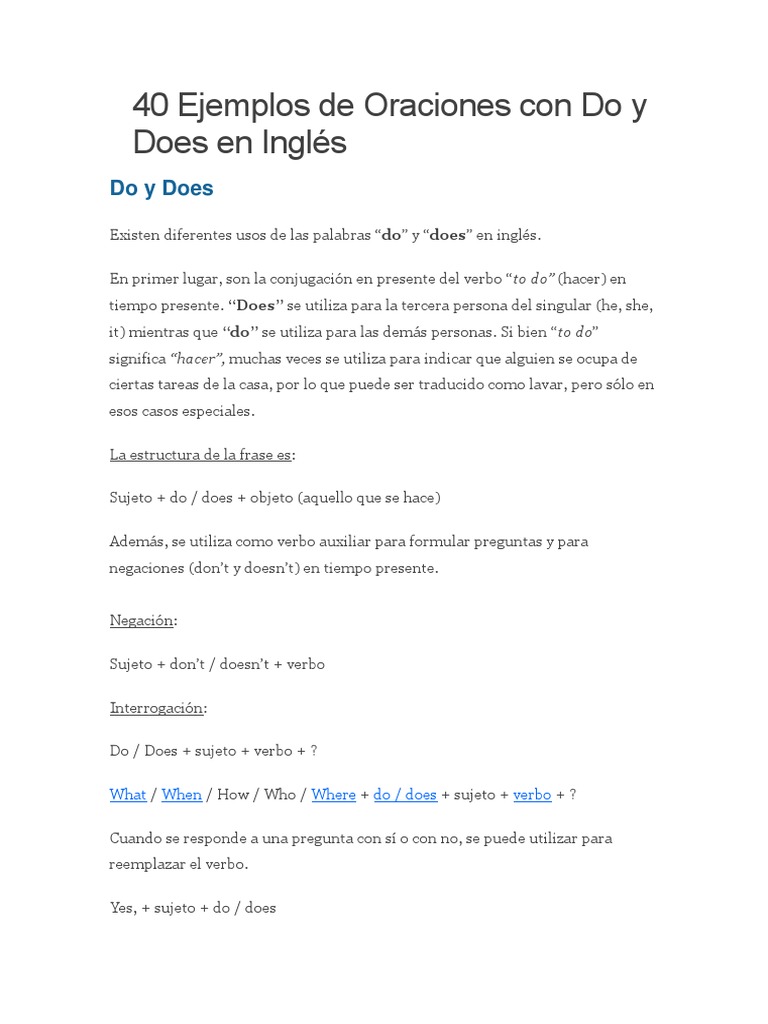 40 Ejemplos de Oraciones Con Do y Does en Inglés | Descargar gratis PDF ...