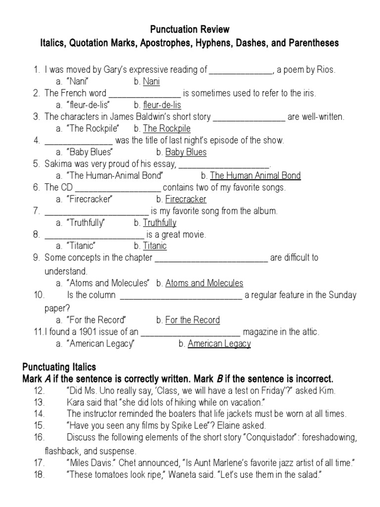 Colons, Apostrophe, Hyphen, and Quotation Mark Review | PDF ...