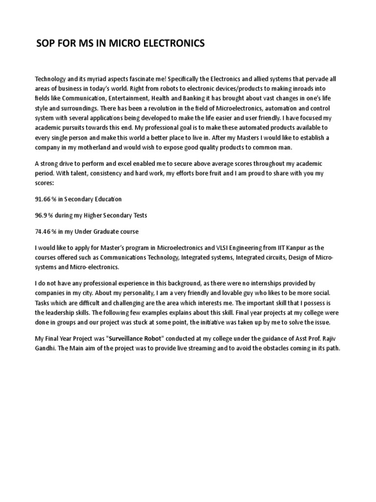 Sop For Ms in Micro Electronics | PDF | Automation | Electronics