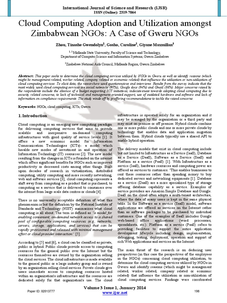 Cloud Computing Adoption and Utilization Amongst Zimbabwean Ngos: A Case of Gweru Ngos ...
