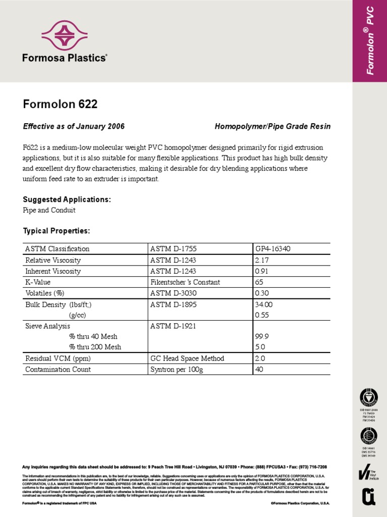 Formosa 622 | PDF | Polyvinyl Chloride | Plastic