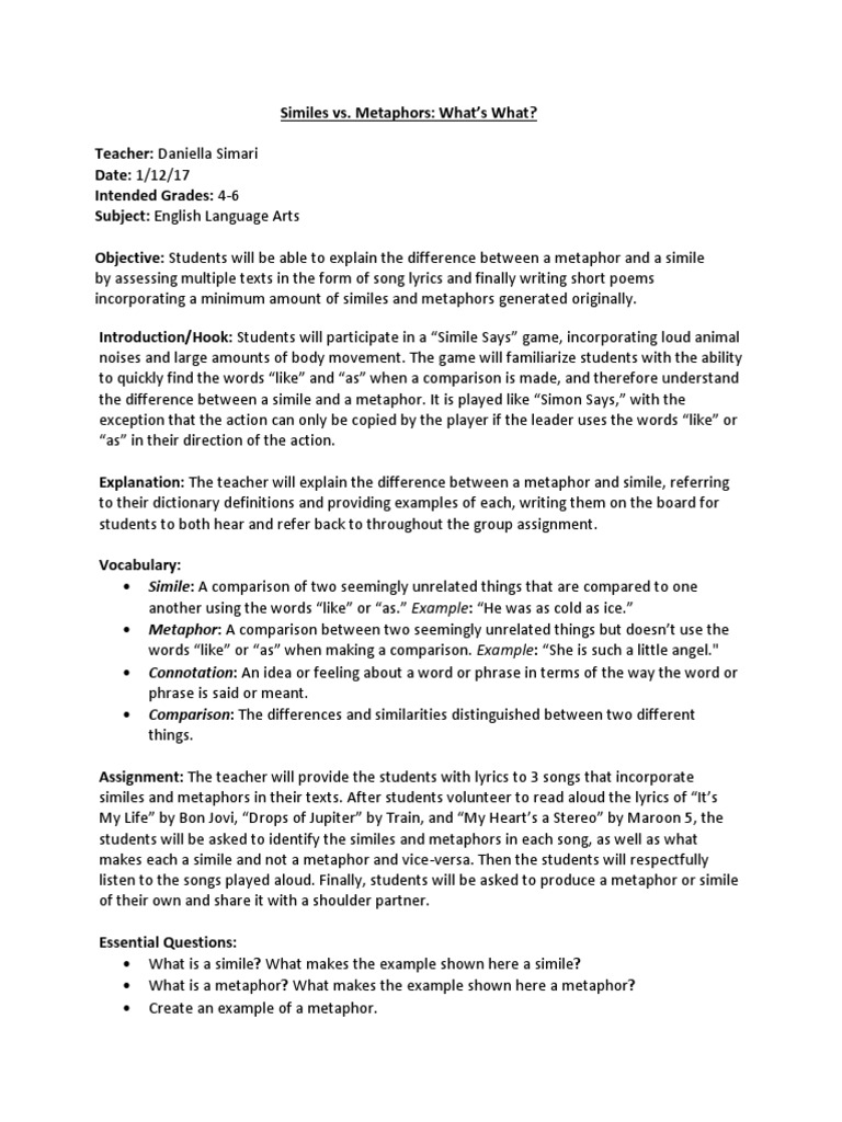 Simile and Metaphor Lesson Plan Grades 4-6 | PDF | Metaphor | Word