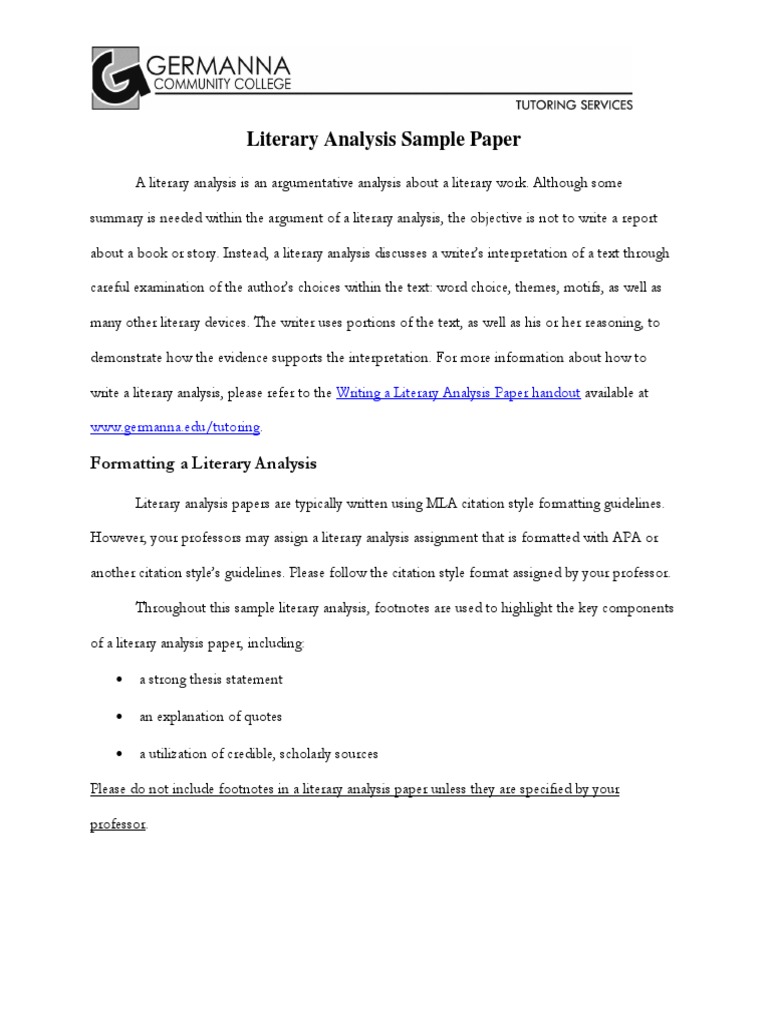 Literary Analysis Sample Paper PDF | PDF | Citation | Thesis