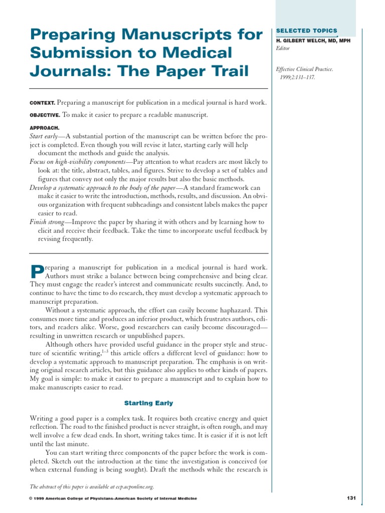 Preparing Manuscripts For Submission To Medical Journals: The Paper ...