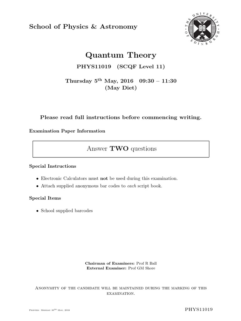 Quantum Theory: School of Physics & Astronomy | PDF | Spin (Physics) | Wave Function