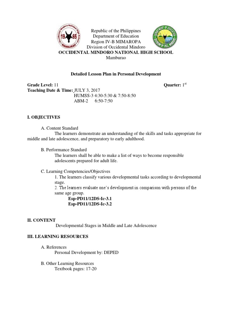 DLP Personal Development | PDF | Lesson Plan | Learning