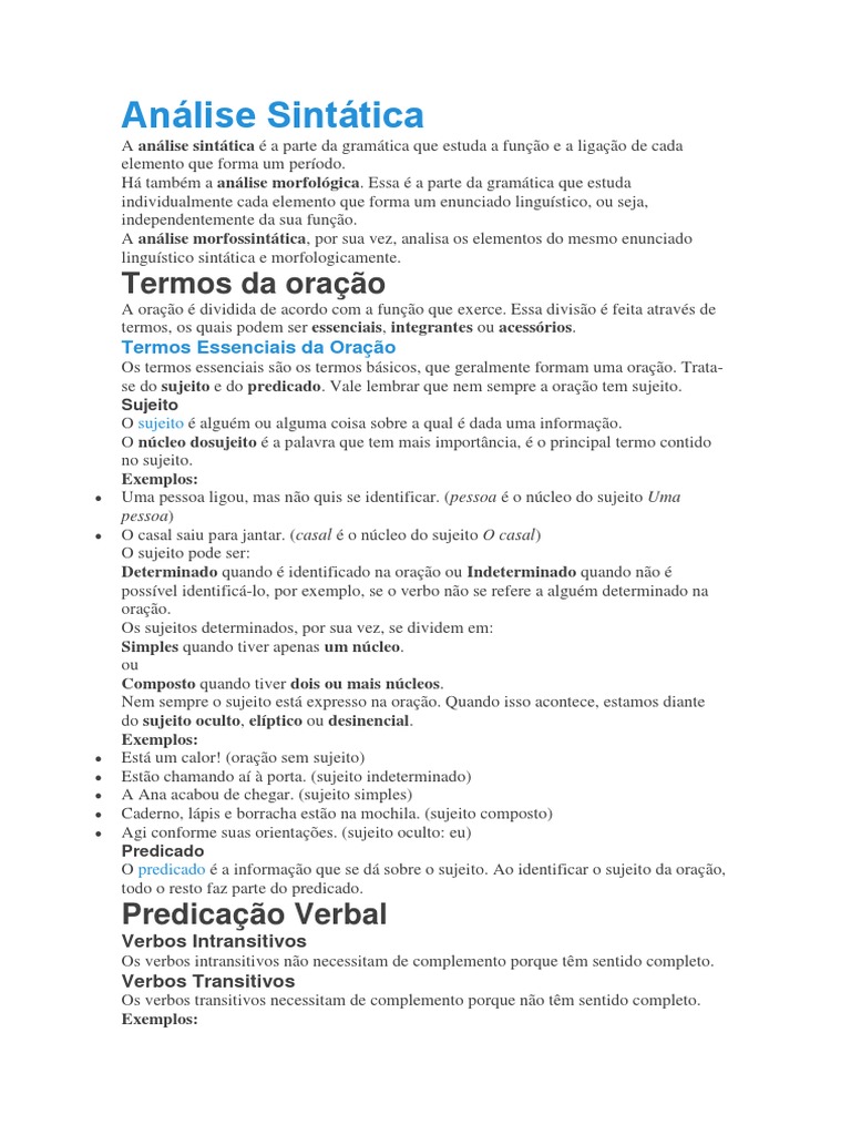 Análise Sintática.docx | Assunto (Gramática) | Predicado (Gramática)