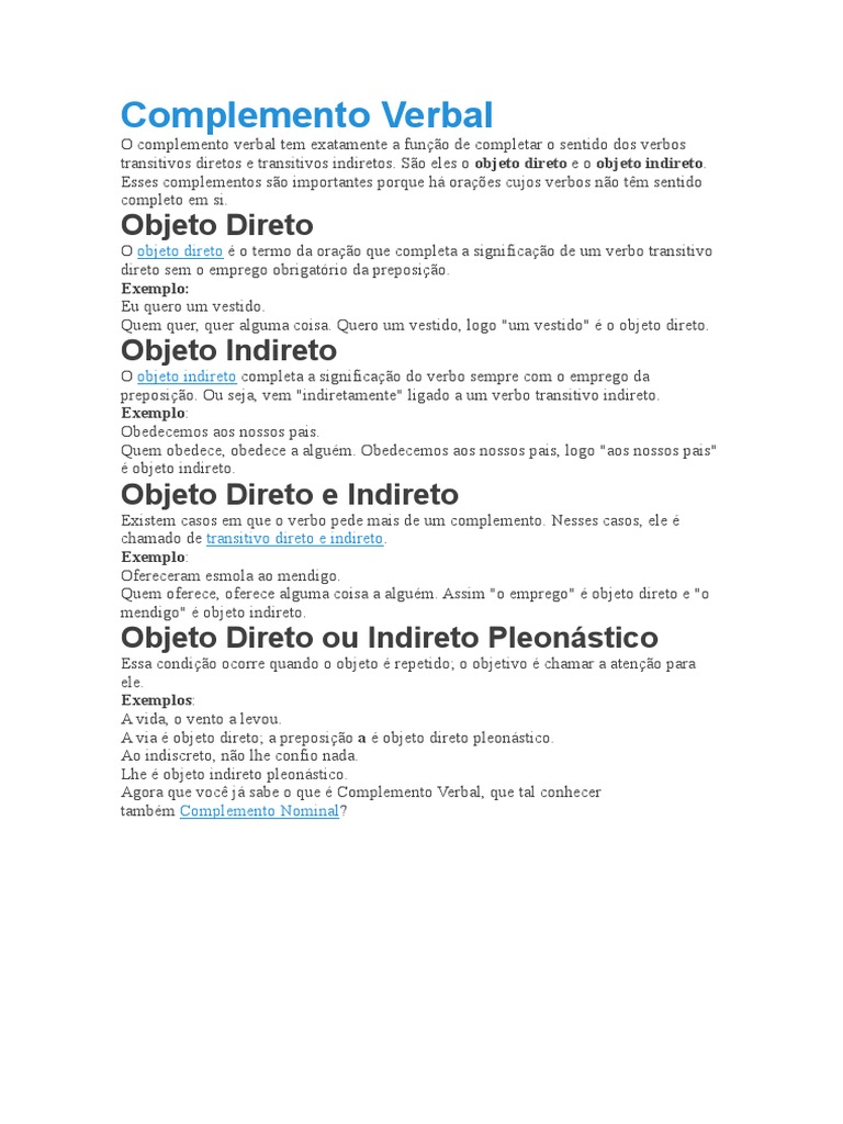 Complemento Verbal | PDF | Objeto (gramática) | Gramática