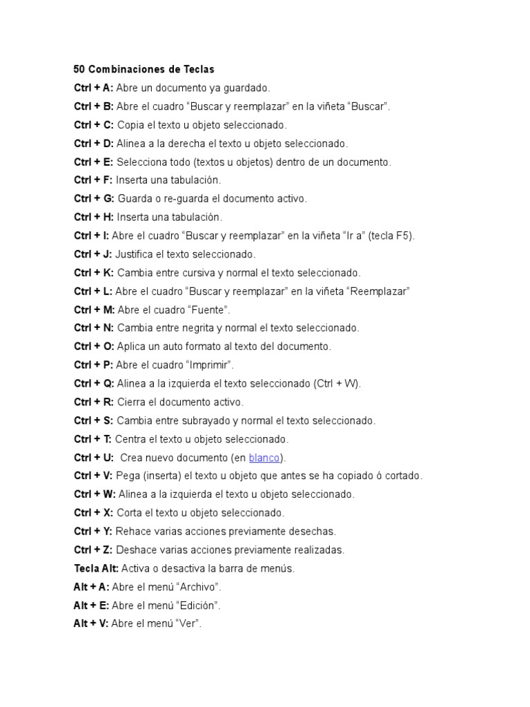 50 Combinaciones de Teclas | Texto | Publicación