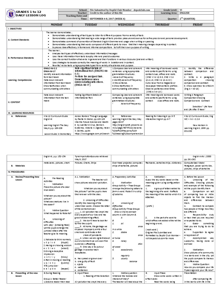 DLL - English 6 - Q2 - W4 | PDF | English Language | Adverb
