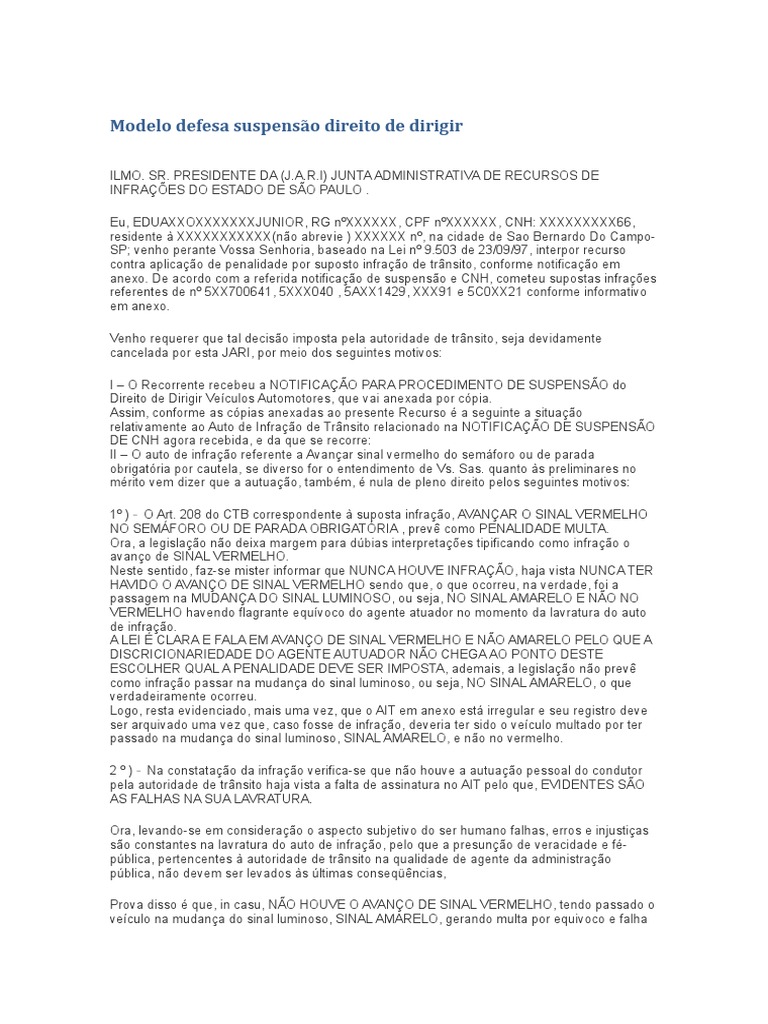 Modelo Defesa Suspensao Direito Dirigir | PDF | Tráfego | Lei Estatutária