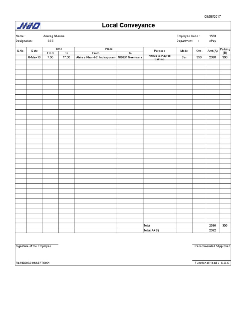 Local Conveyance: FM/HR/008/0.01/SEPT/2001 | PDF | Organizational ...