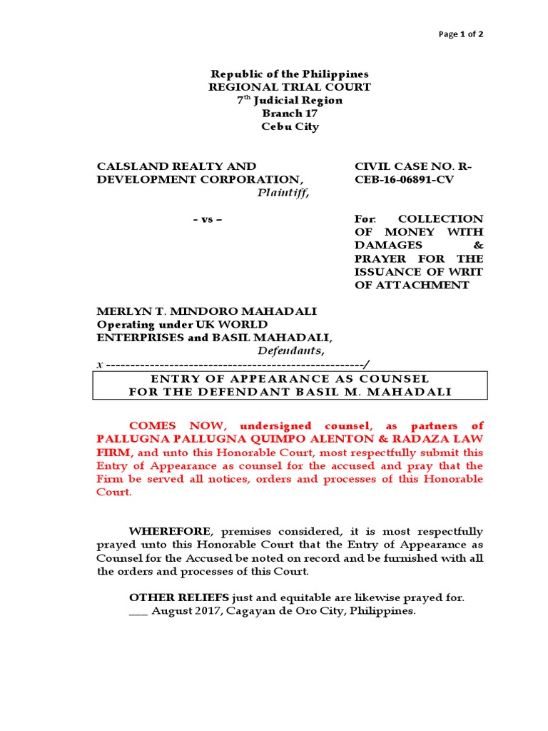 Court Entry of Appearance as Counsel | PDF | Virtue | Government