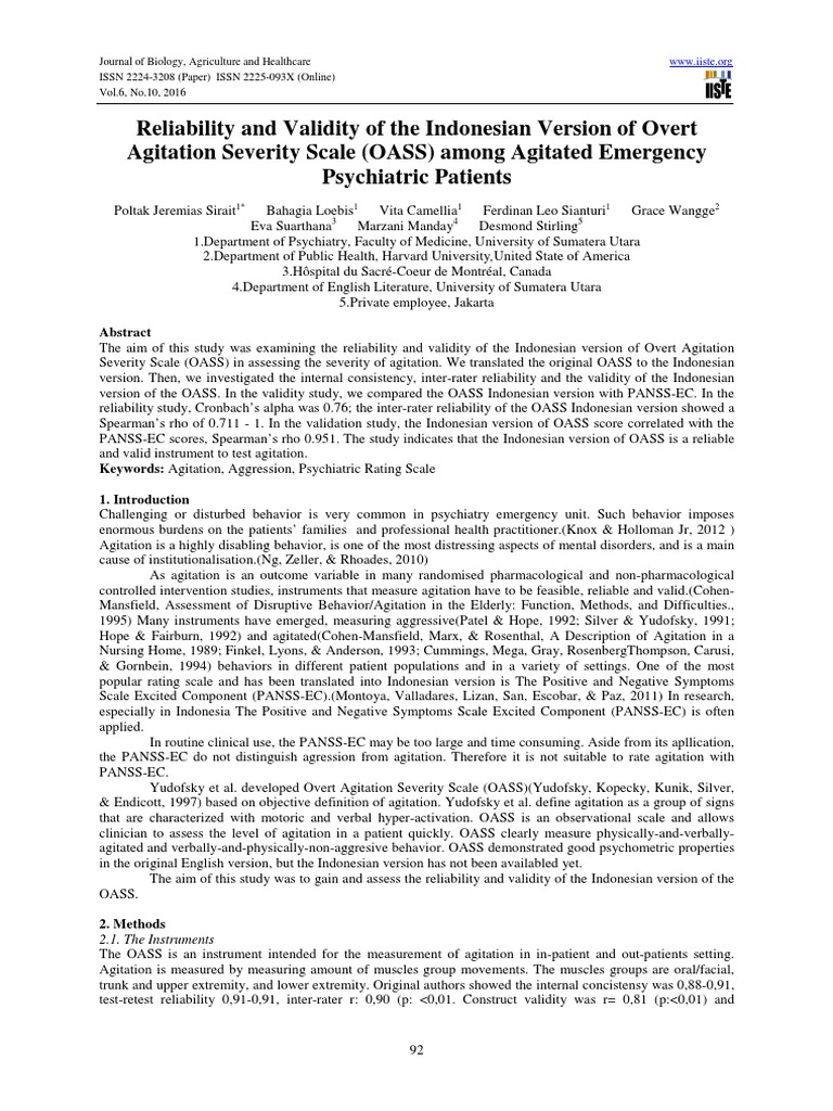 Reliability and Validity of The Indonesian Version of Overt Agitation ...