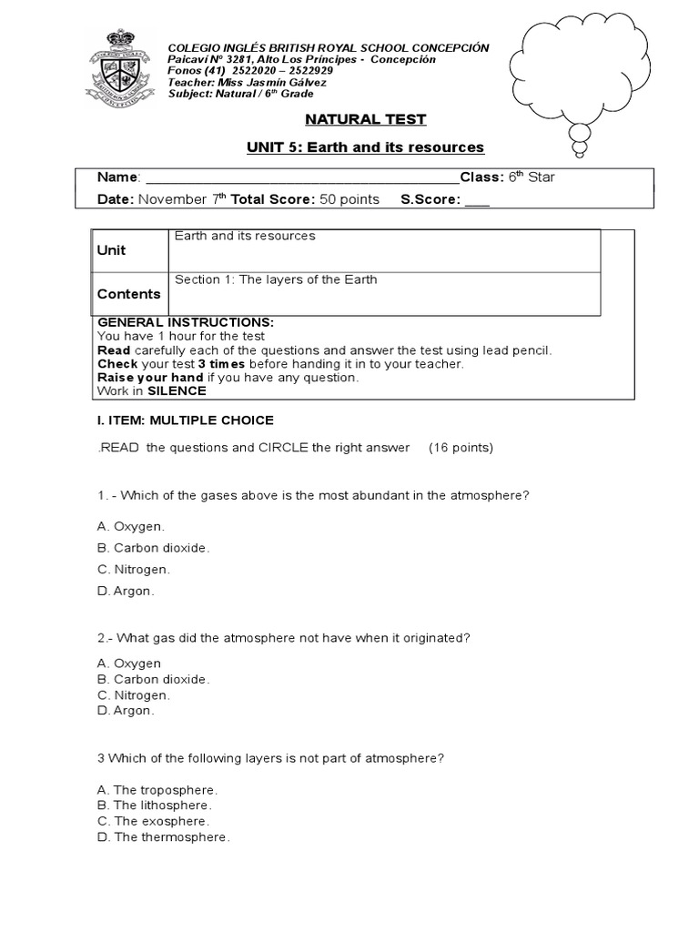 NATURAL TEST 6th Grade Unit 5 Section 1 | PDF | Atmosphere Of Earth ...