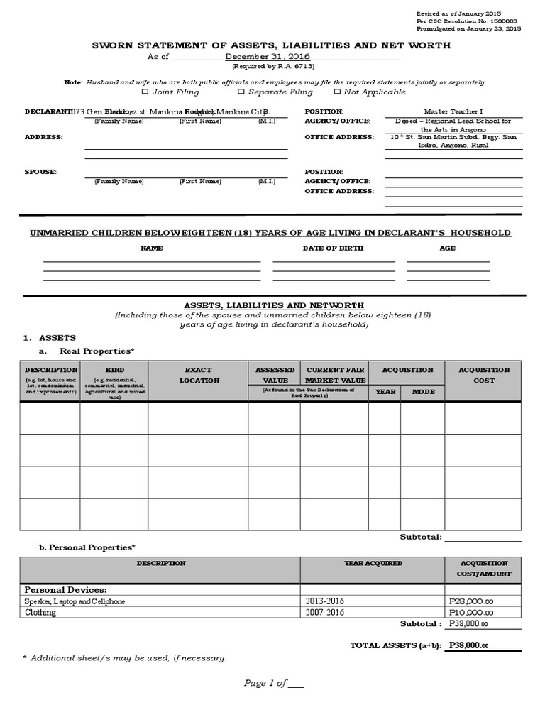 2015 Saln Form | Identity Document | Government