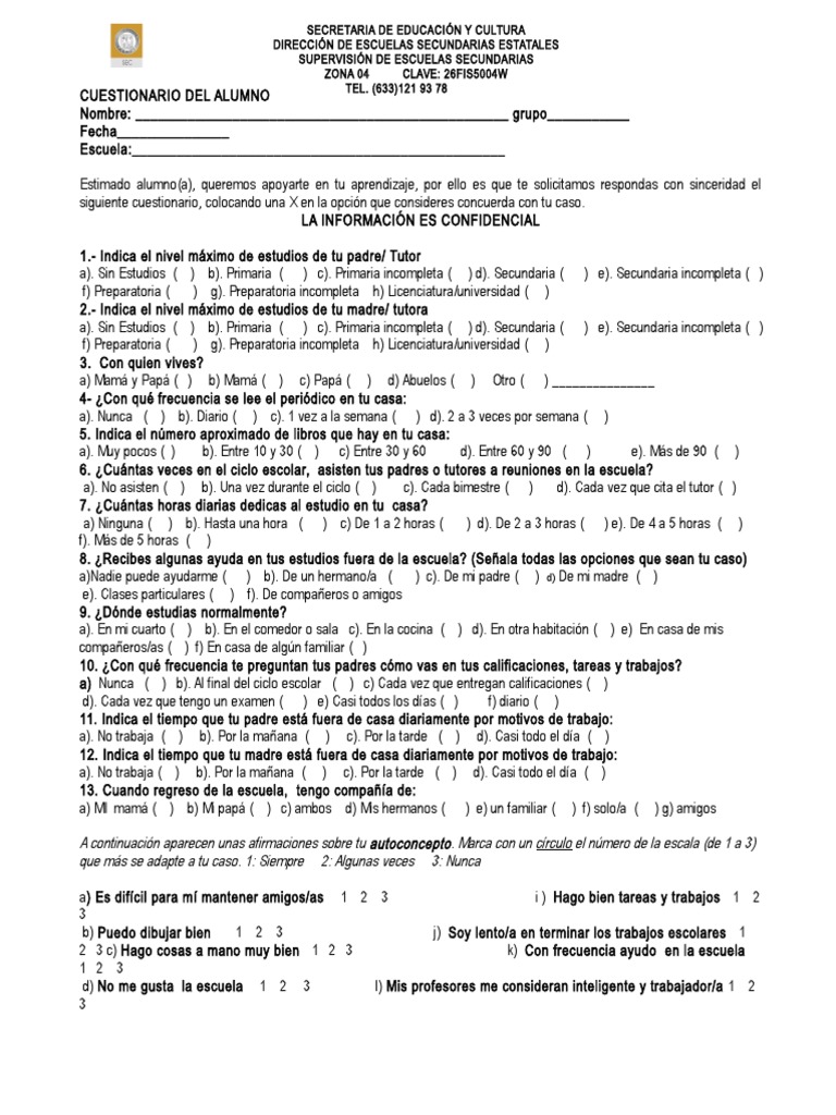 CUESTIONARIO DEL ALUMNO reprobado.doc | Educación Secundaria | Prueba ...