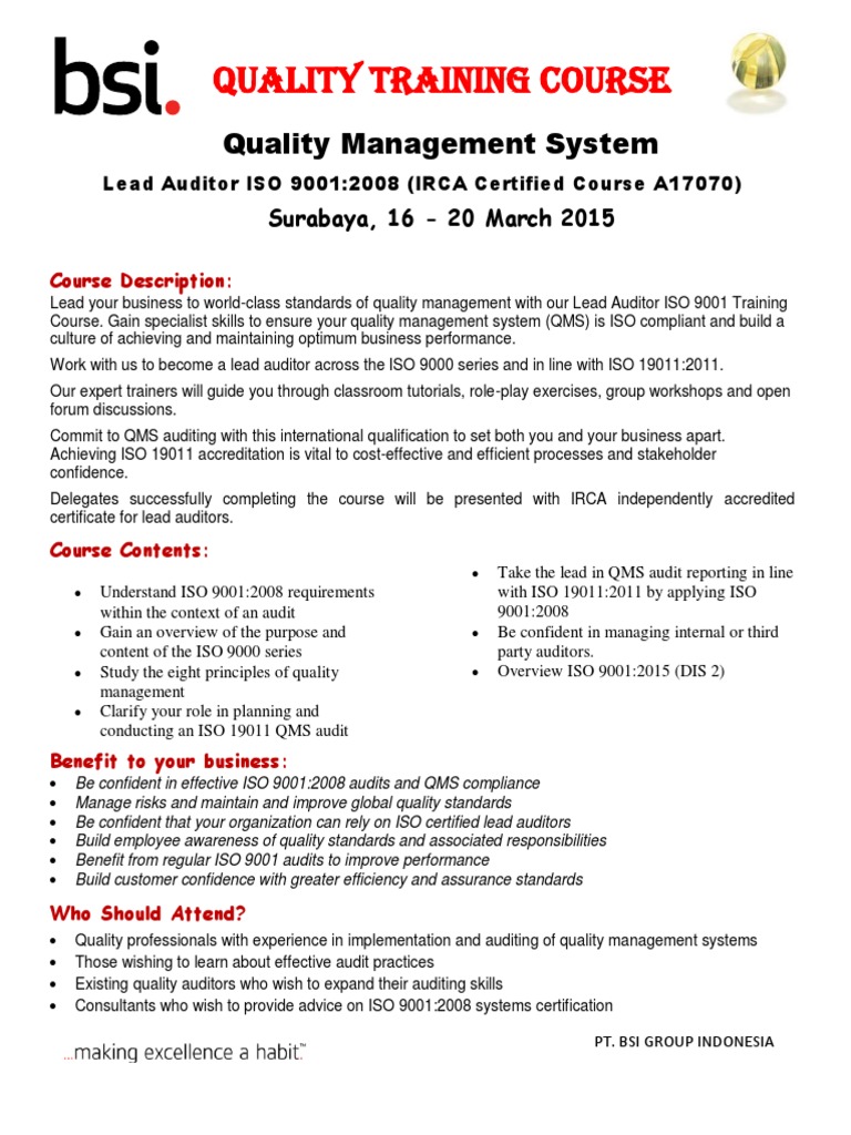 Flyer IRCA Lead Auditor ISO 9001 (Quality Management Systems) Surabaya ...