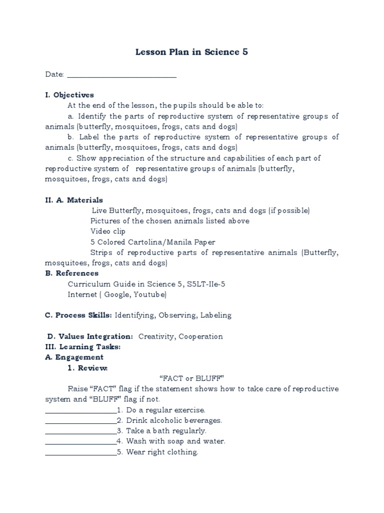 Lesson Plan in Science 5-Identify parts of the reproductive system ...