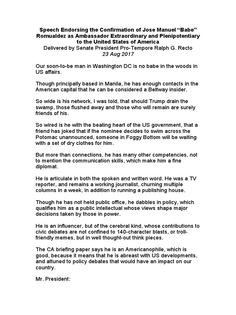 Confirmation Speech Endorsing Jose Manuel "Babe" Romualdez