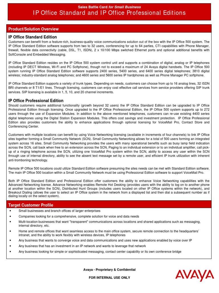 Avaya Battlecard IP Office Standard Professional Edition R42 2 | PDF ...