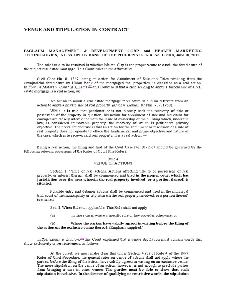 Exclusive Venue Stipulation in Contracts | PDF | Venue (Law) | Mortgage Law