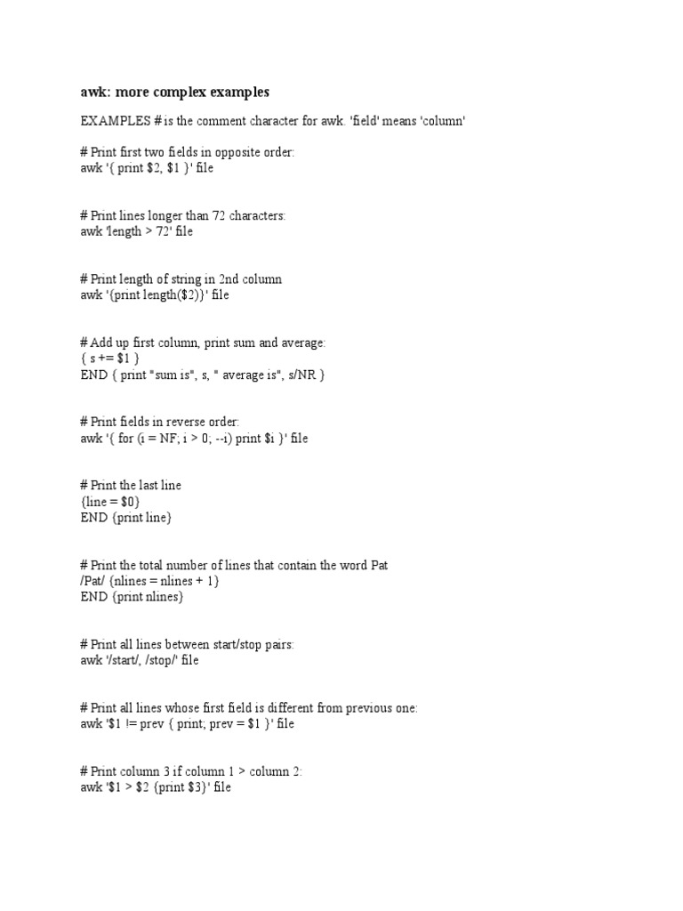 Awk: More Complex Examples | PDF | Software Development | Computer Programming