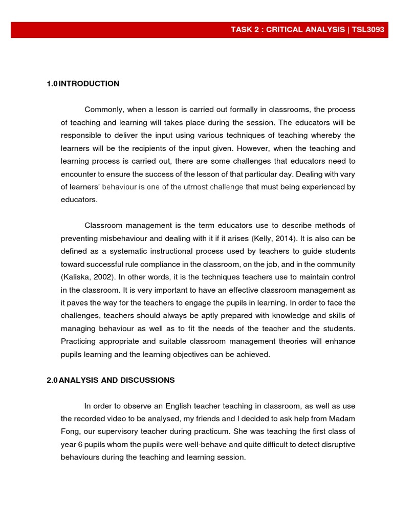 Task 2. Critical Analysis | PDF | Classroom Management | Teachers