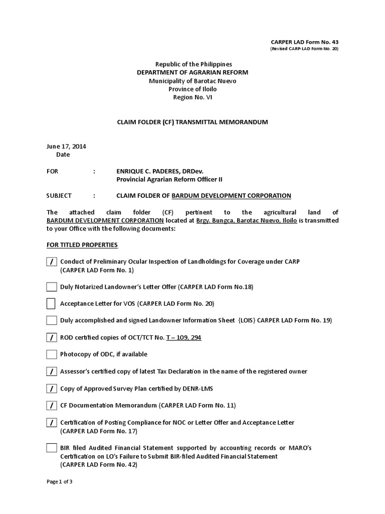 CARPER LAD Form No. 43 | PDF | Government | Civil Law (Common Law)