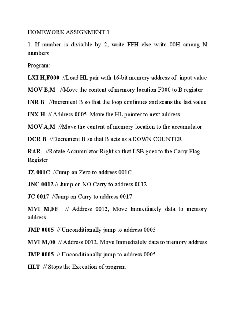 Homework Assignment 1 1. If Number Is Divisible by 2, Write FFH Else ...