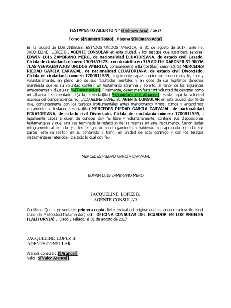 mODELO DE tESTAMENTO ABIERTO | Voluntad y testamento | Justicia
