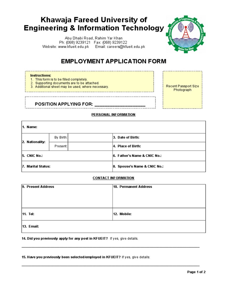 KFUEIT Employment Application Form | PDF | Master Of Science | Bachelor ...