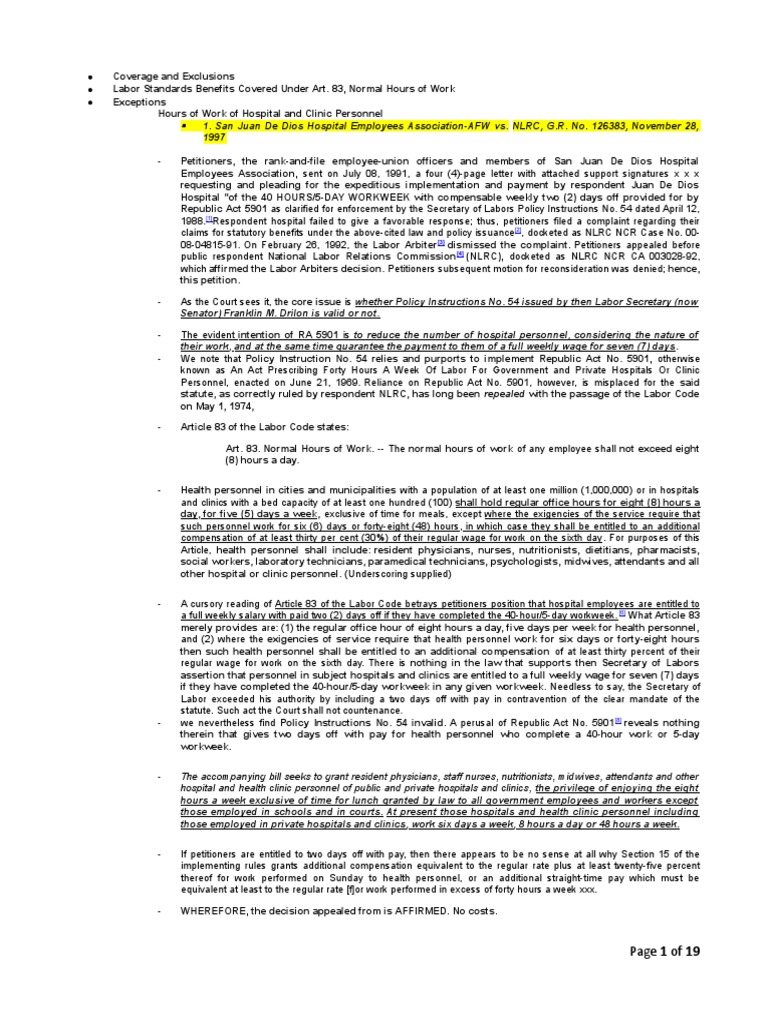LABOR LAW I - Hours of Work Digest | PDF | Strike Action | Overtime