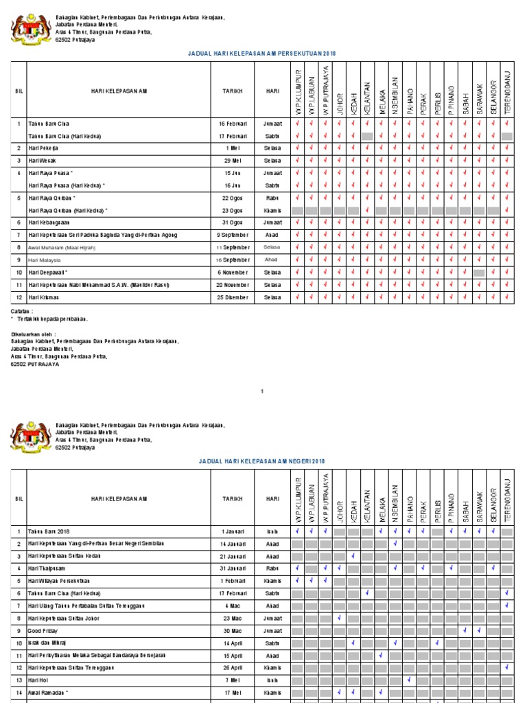 Jadual Cuti 2018 PDF | PDF