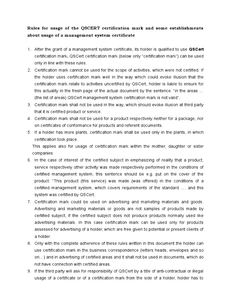 Rules For Usage of The QSCERT Certification Mark | PDF | Certification ...