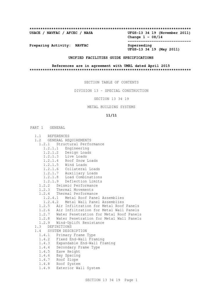 Ufgs 13 34 19 | PDF | Framing (Construction) | Structural Steel