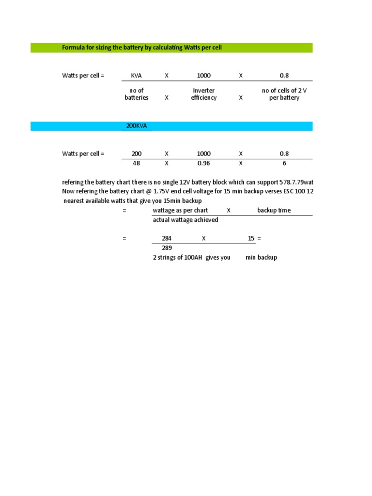 Formula For Sizing The Battery by Calculating Watts Per Cell | PDF