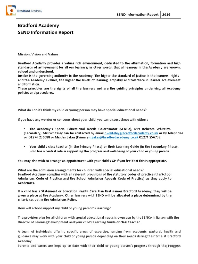 Bradford Academy SEND Report 2016 | PDF | Expert | Special Education