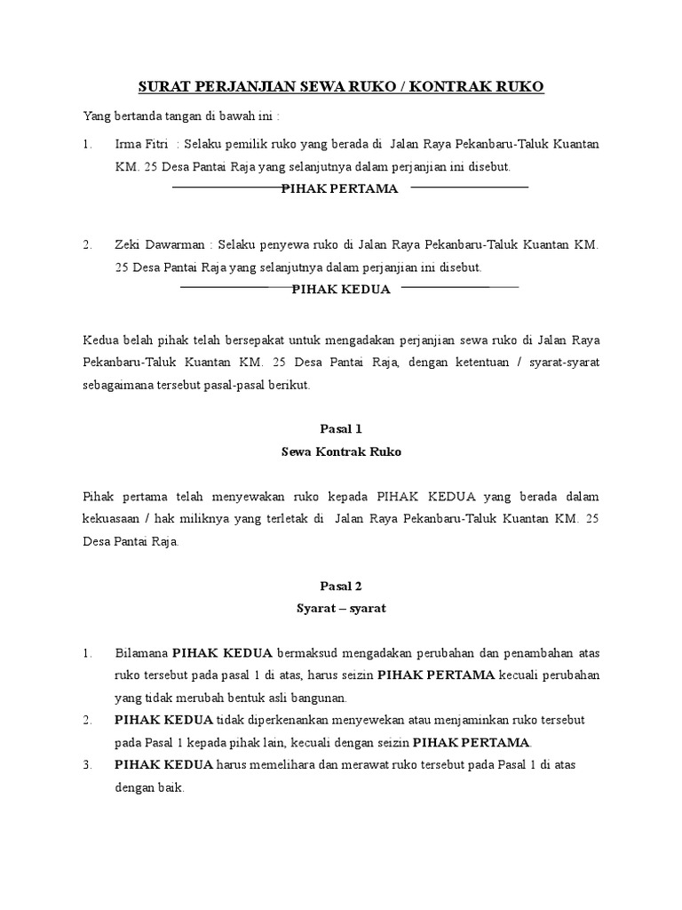 Surat Perjanjian Sewa Ruko Pantai Raja | PDF