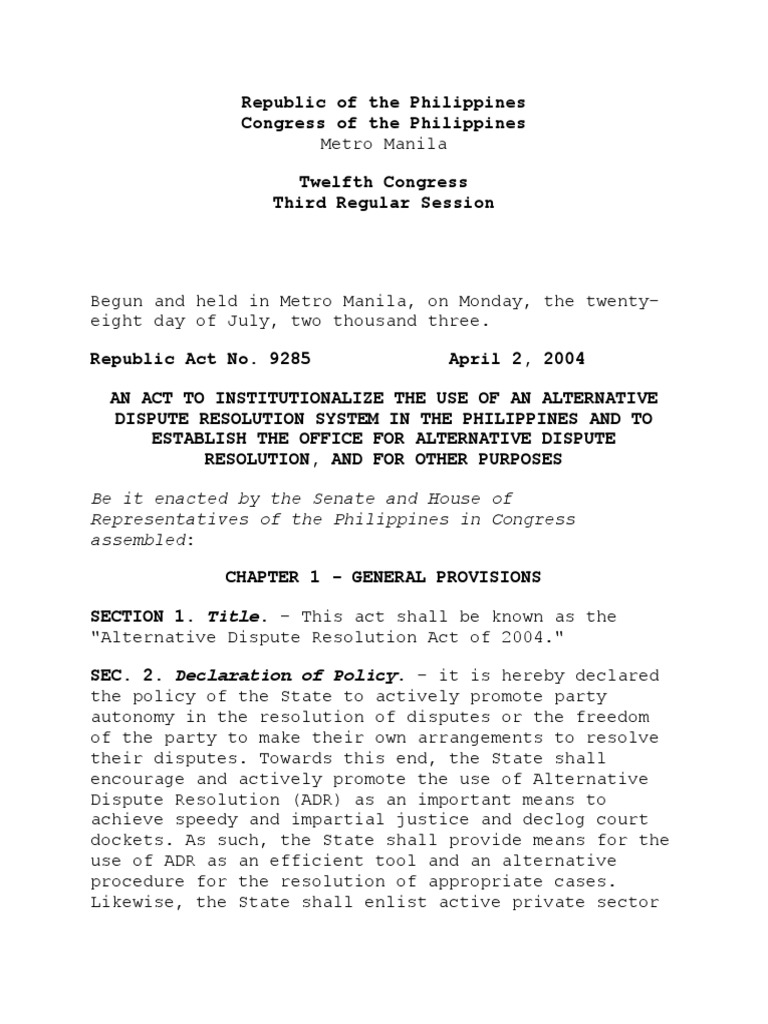 RA 9285 - Alternative Dispute Resolution | PDF | Alternative Dispute ...